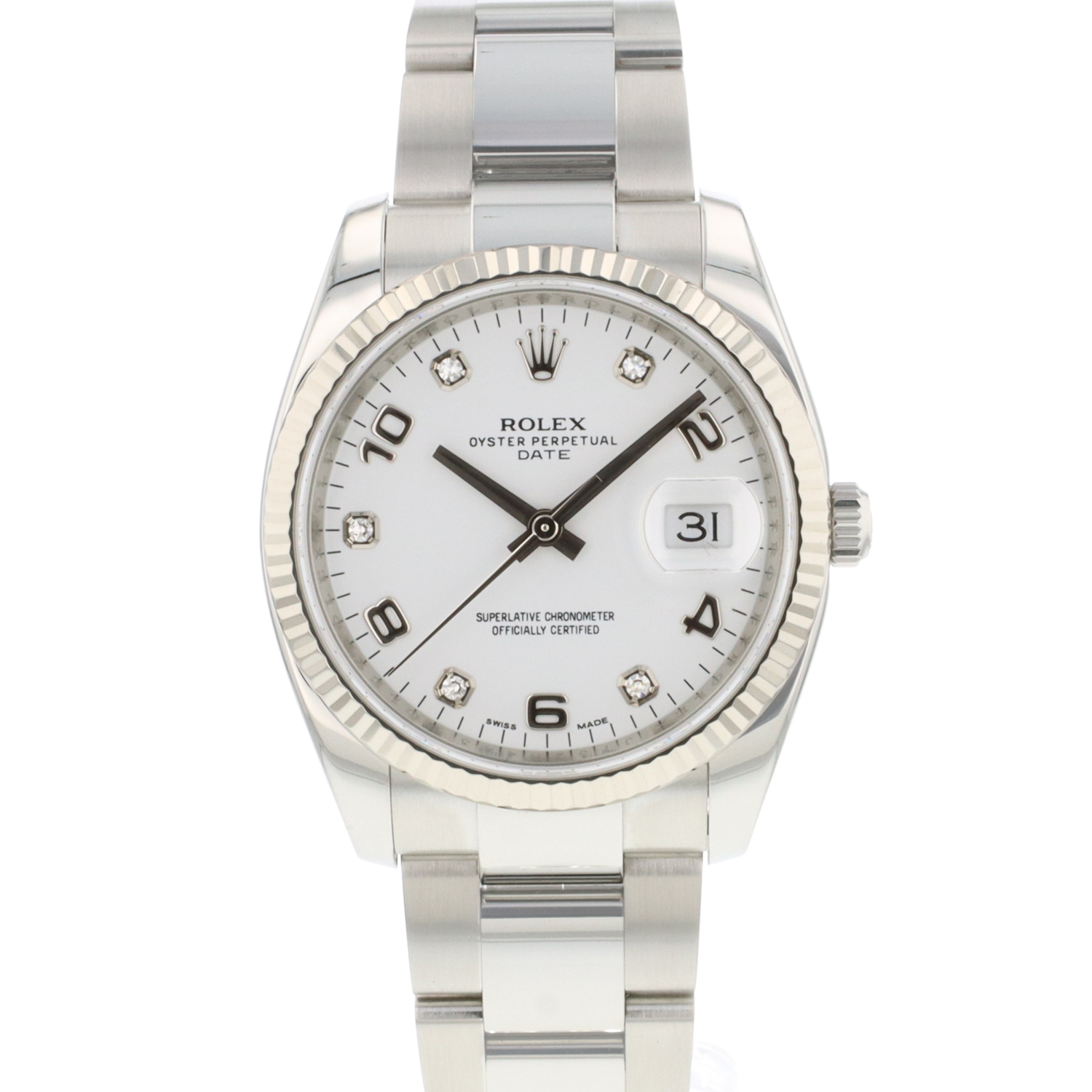 Date 34 Oyster Fluted Factory Diamond Arabic White Dial - Rolex - Sold ...