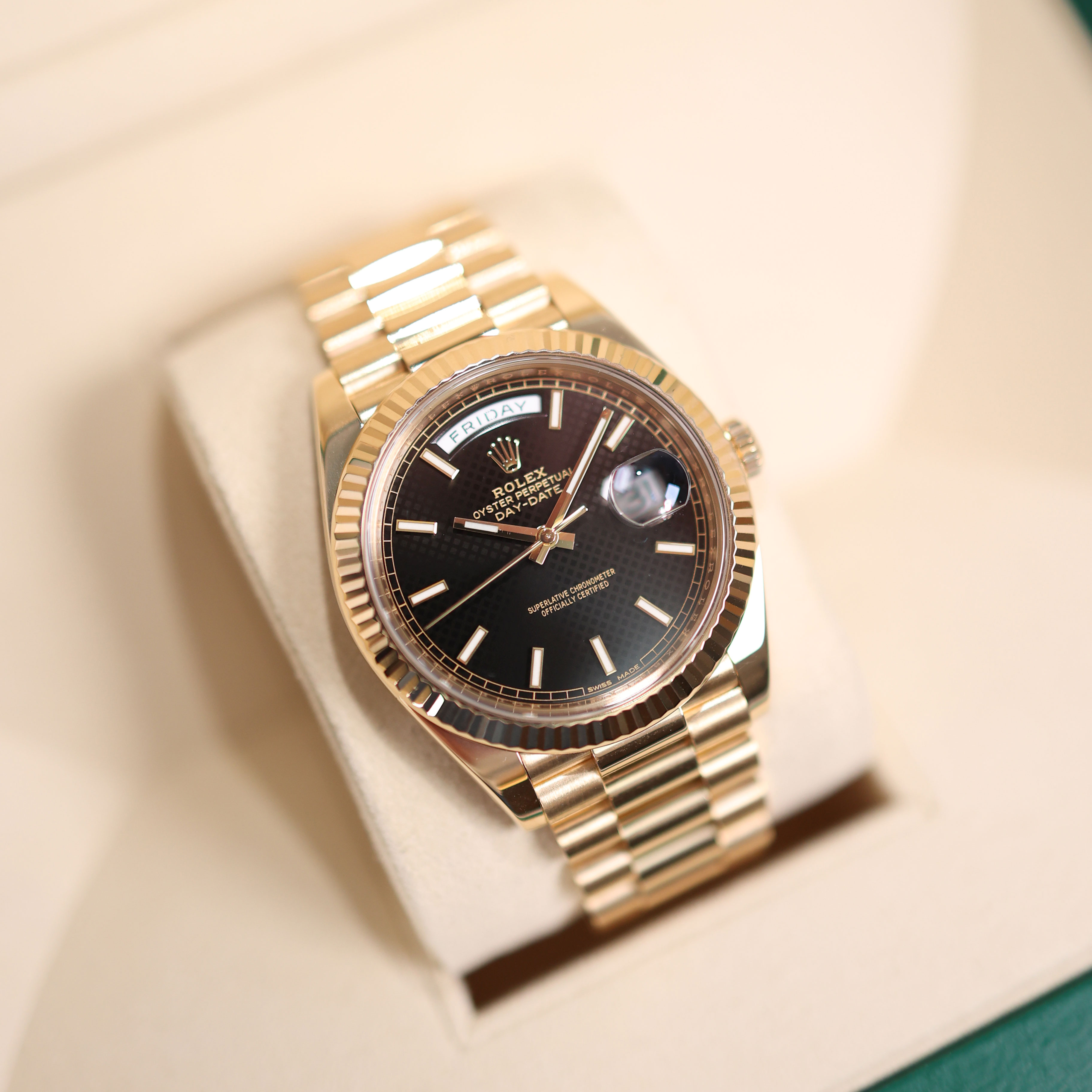 Day-Date 40 Yellow Gold Black Diagonal Motif Dial - Rolex - Sold ...