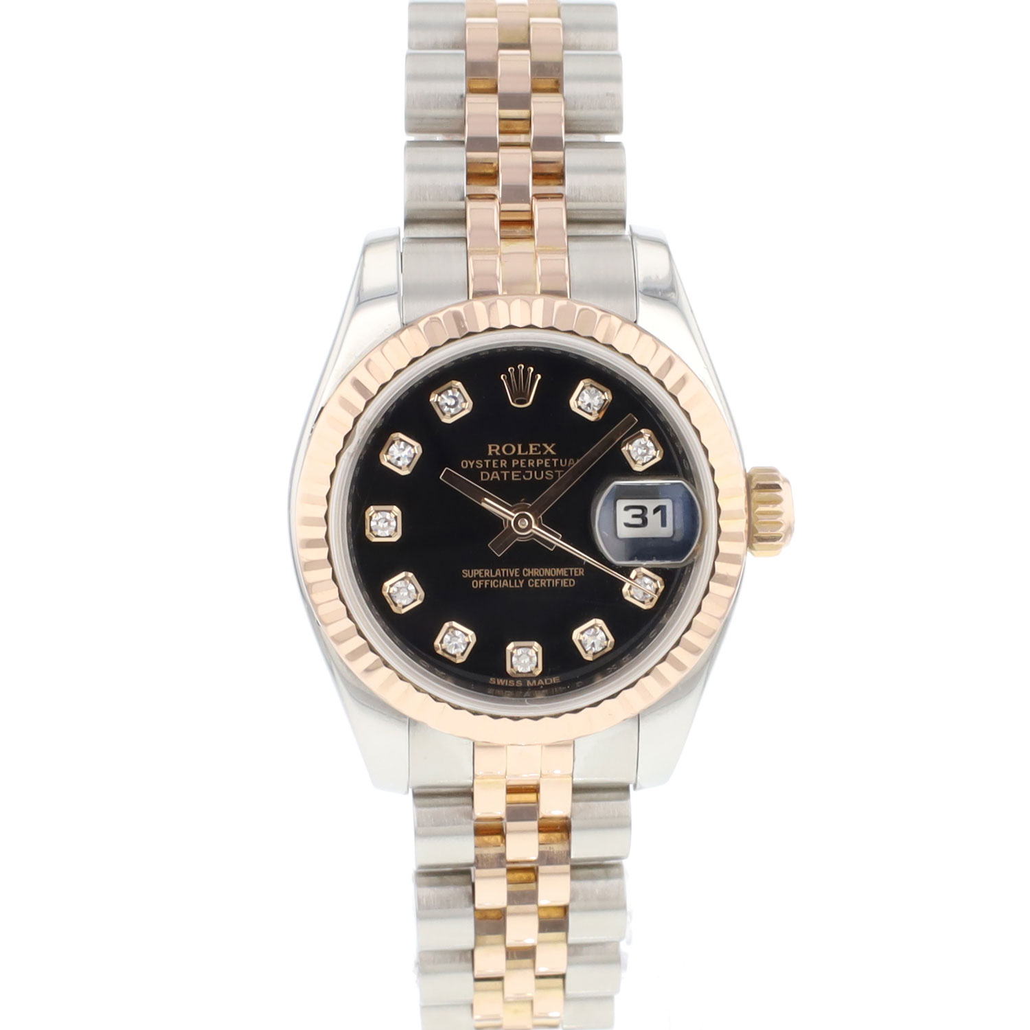 C Datejust Lady 26 Steel Everose Gold Jubilee Fluted Black Diamond Dial ...